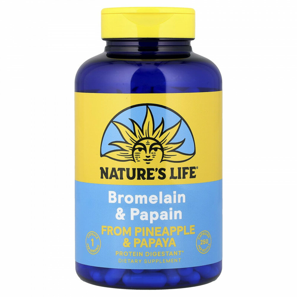 Nature's Life, бромелаин и папаин, 250 капсул