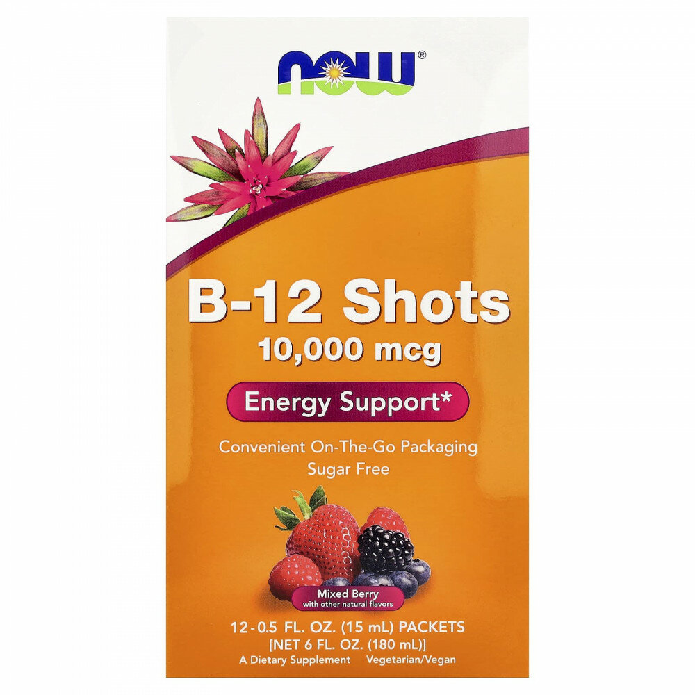 NOW Foods, B-12 Shots, ягодное ассорти, 12 пакетиков по 15 мл (0,5 жидк. Унции)