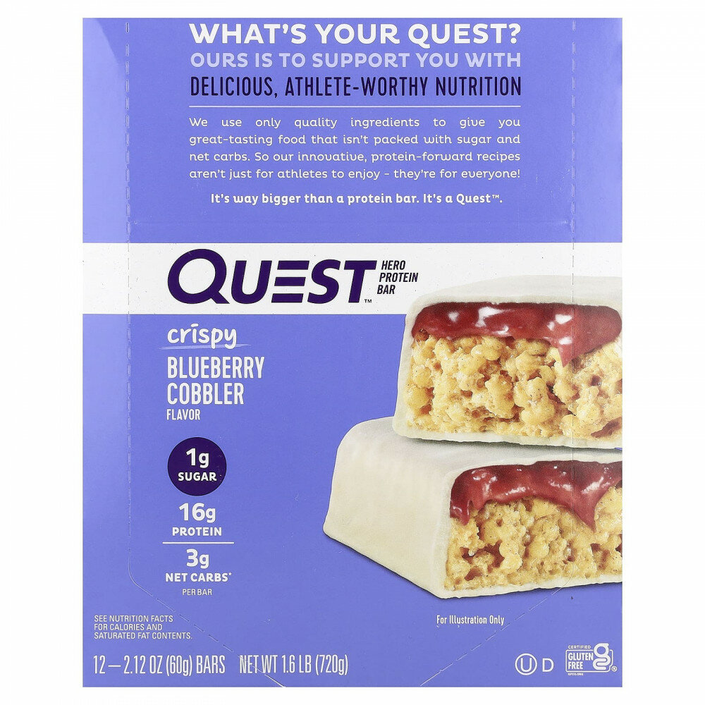Quest Nutrition, протеиновый батончик, хрустящий пирог с голубикой, 12 батончиков по 60 г (2,12 унции)