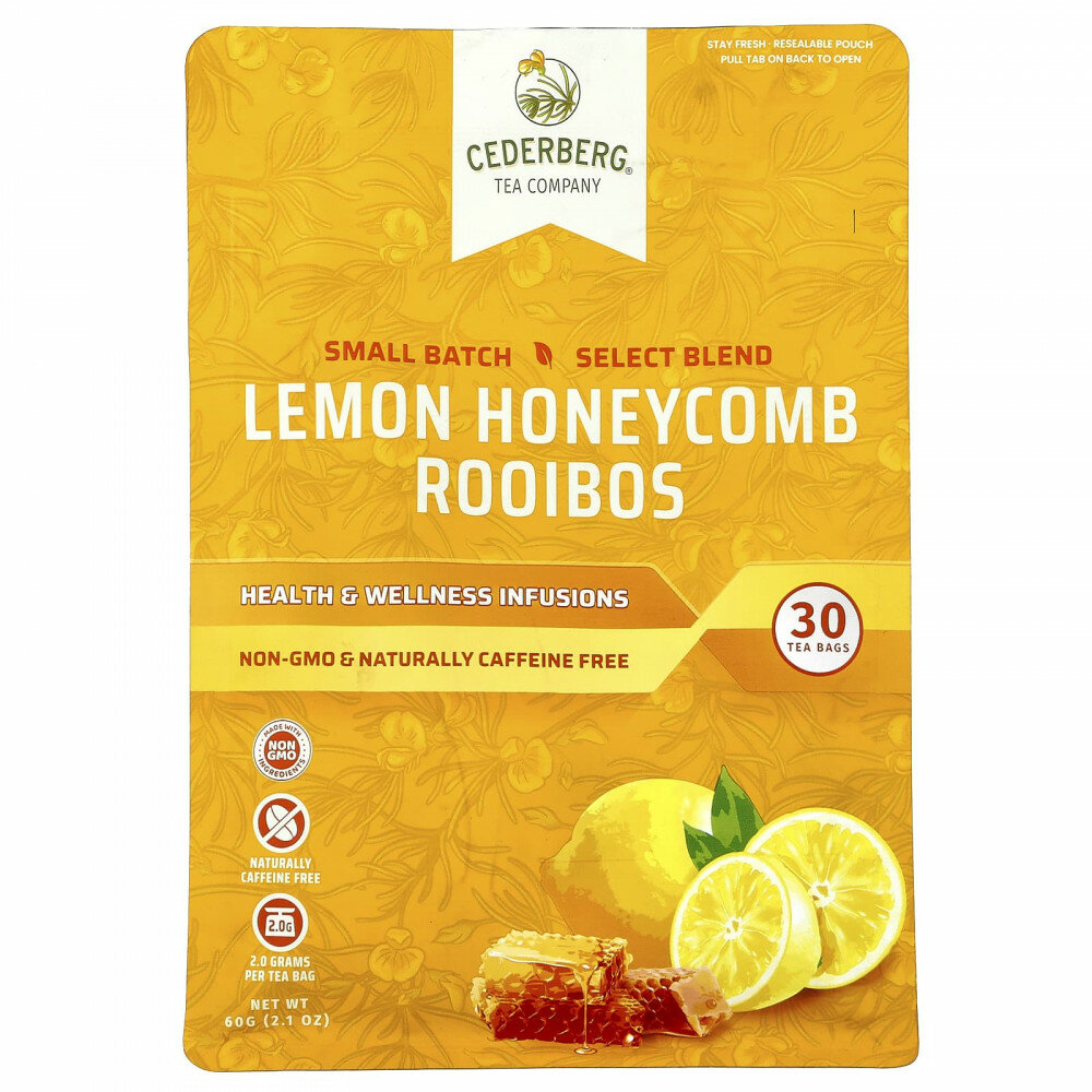 Cederberg Tea Co, ройбуш, лимон и соты, без кофеина, 30 чайных пакетиков, 60 г (2,1 унции)