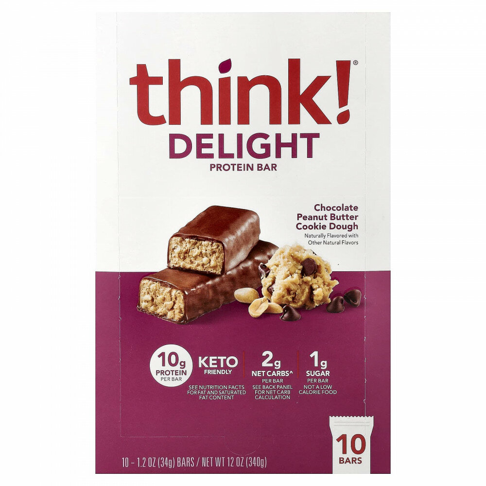Think , Delight протеиновый батончик, печенье с шоколадом и арахисовой пастой, 10 батончиков по 34 г (1,2 унции)