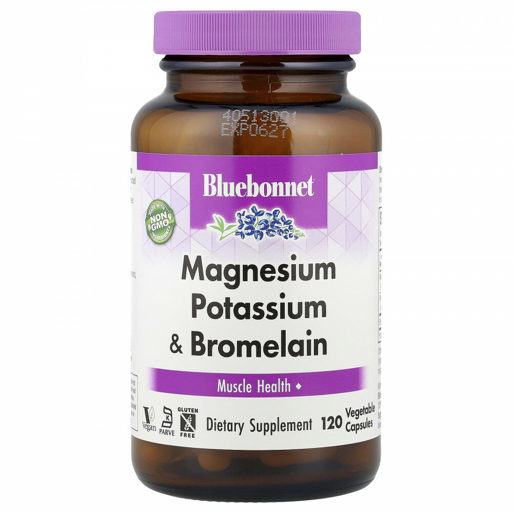 Bluebonnet Nutrition, Магний, калий и бромелаин, 120 растительных капсул