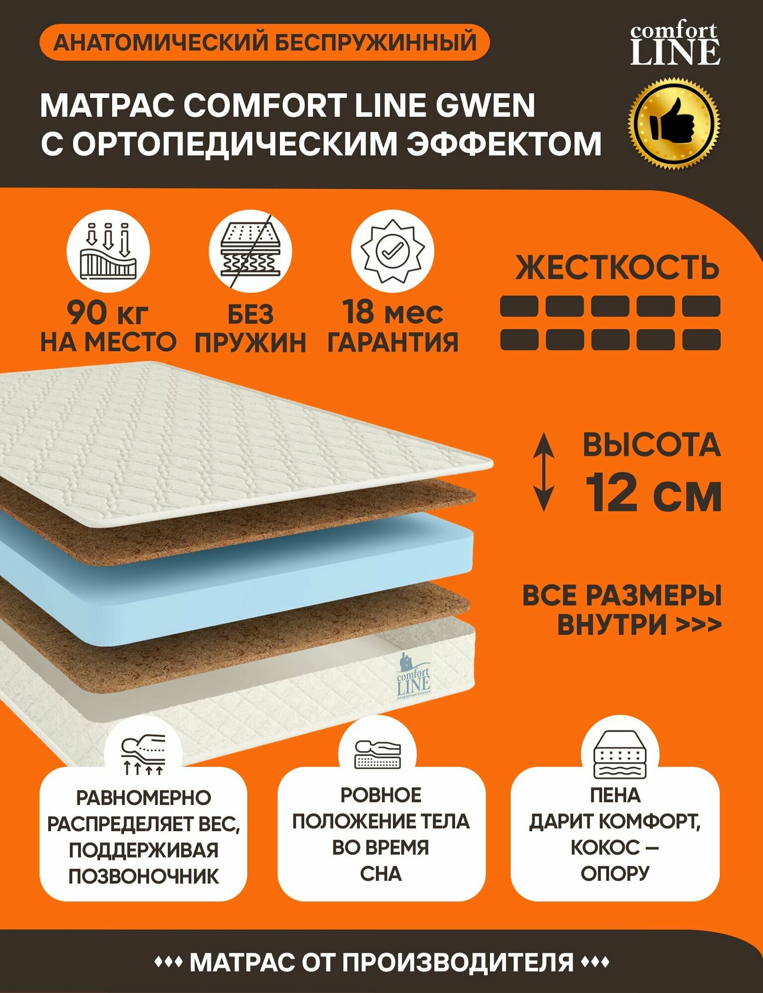 Матрас Comfort Line Gwen 85х180 серии Lux высота 12 см анатомический жесткий кокосовый Беспружинный
