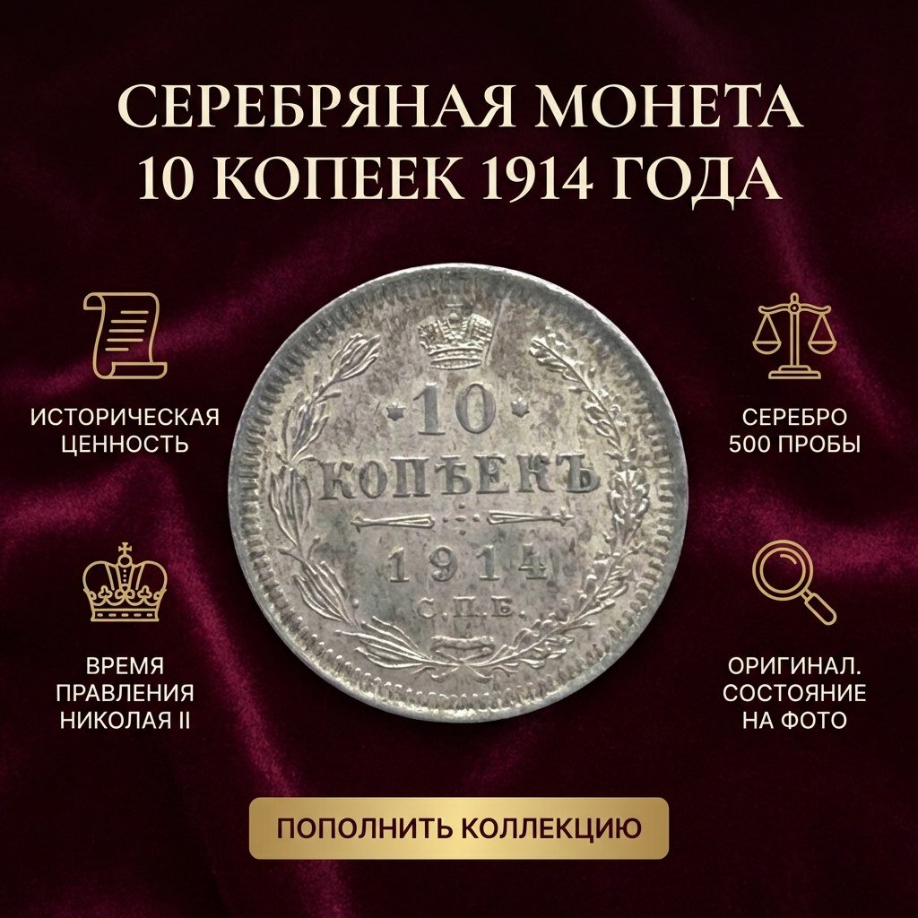 Монета, 10 копеек 1914г С. П. Б/ВС, оригинал/AU