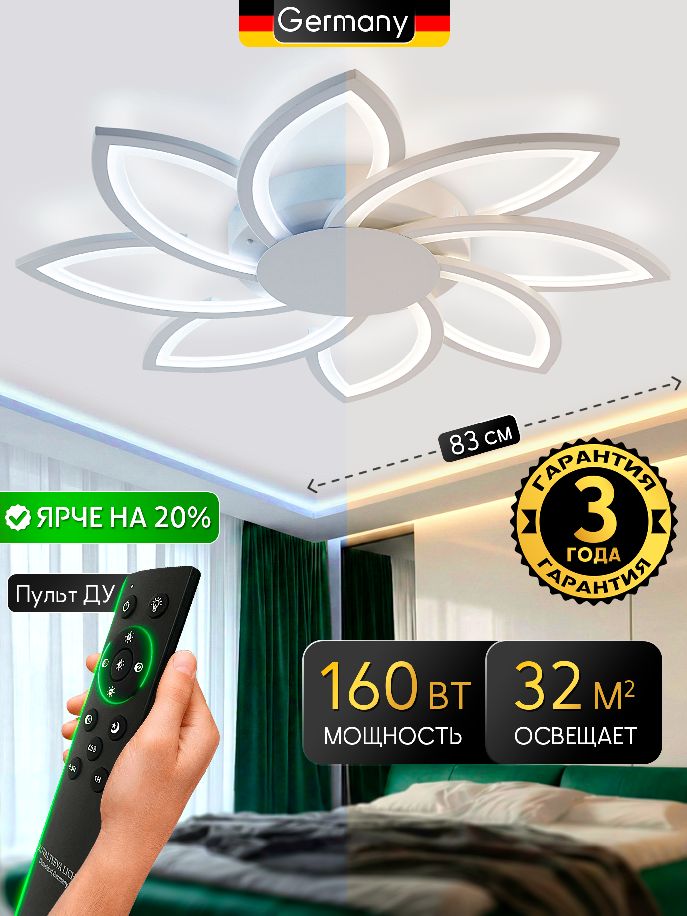 Светодиодный светильник люстра с пультом ДУ 160W, белый, LED