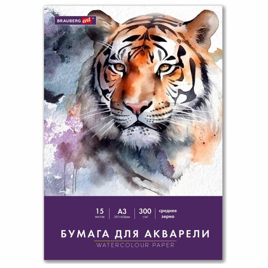 Бумага для акварели Brauberg Art большая А3 в папке, 15 листов, 300 г/м2, среднее зерно, CLASSIC, 116354