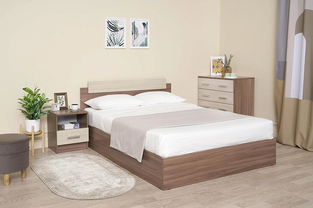 Кровать двухспальная 140х200 см, Эко, 143.7х203.7х85 см, ЛДСП, Ясень шимо темный / Ясень шимо светлый