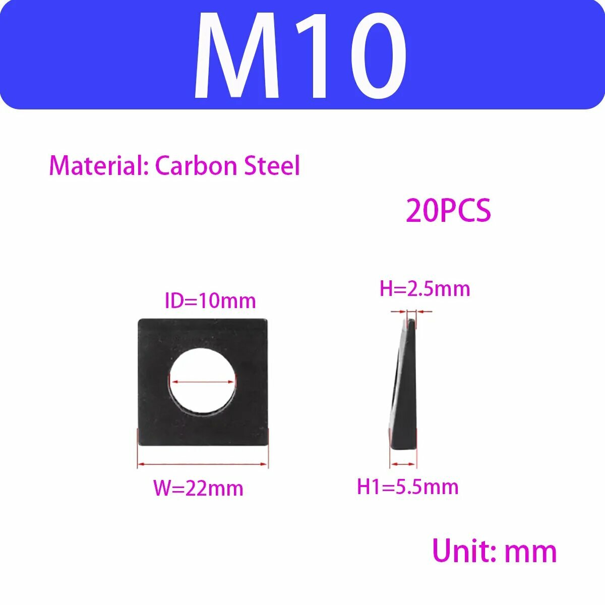 Квадратная диагональная шайба из углеродистой стали GB852 M6-M30 20PCS M10