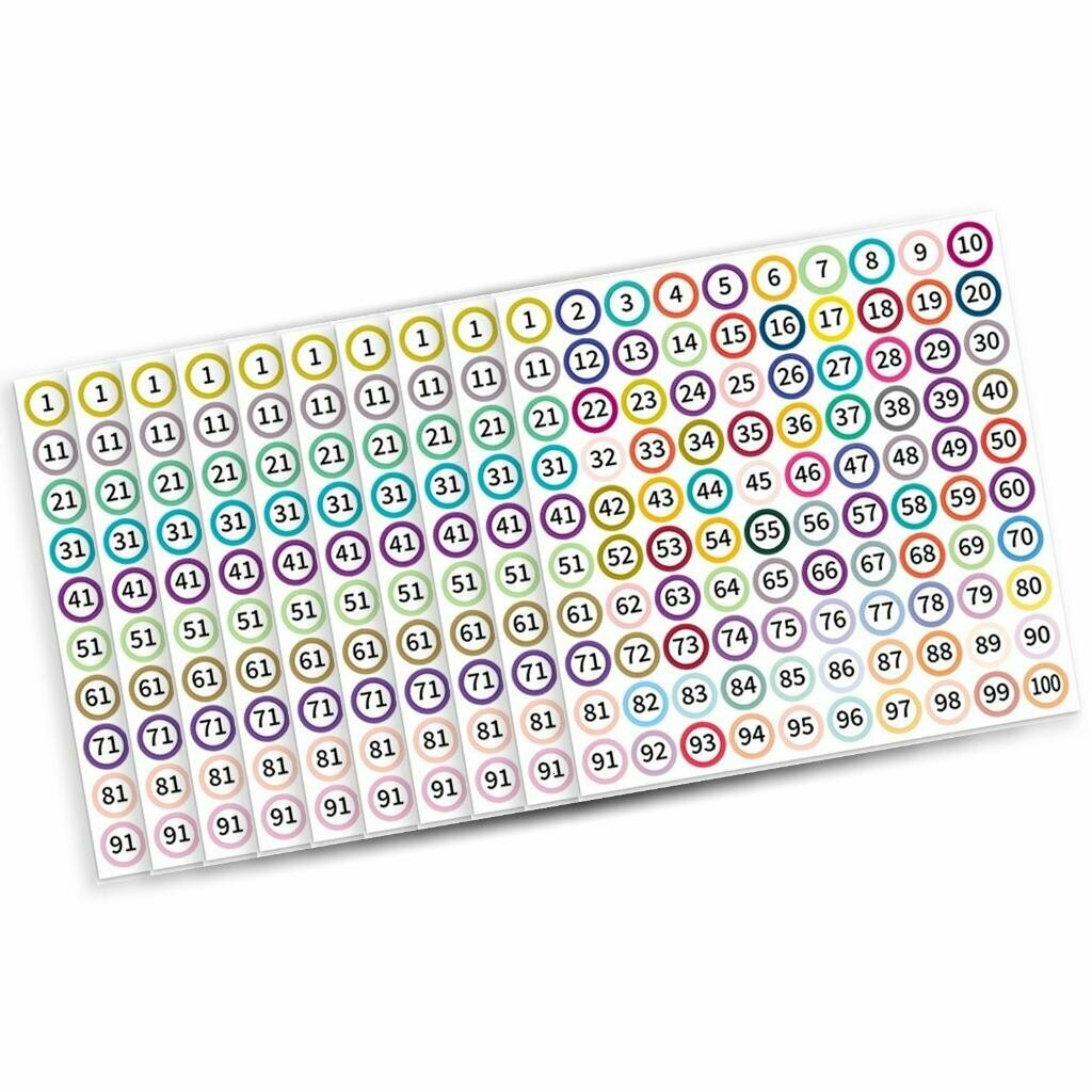 Круглые наклейки с цифрами 1–100, Черные буквы на whi