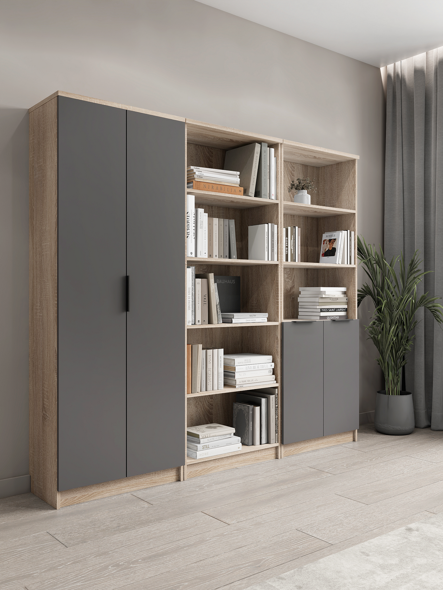 Комплект офисной мебели A-A MEBEL Оксфорд книжный шкаф, стеллаж, платяной шкаф дуб сонома/графит 204*35*185