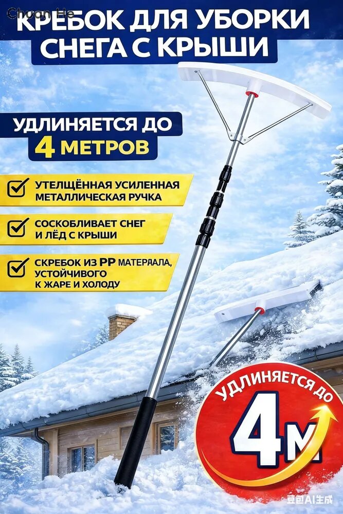 Скрепер для уборки снега с телескопической ручкой, до 4 метров, для уборки снега с крыши