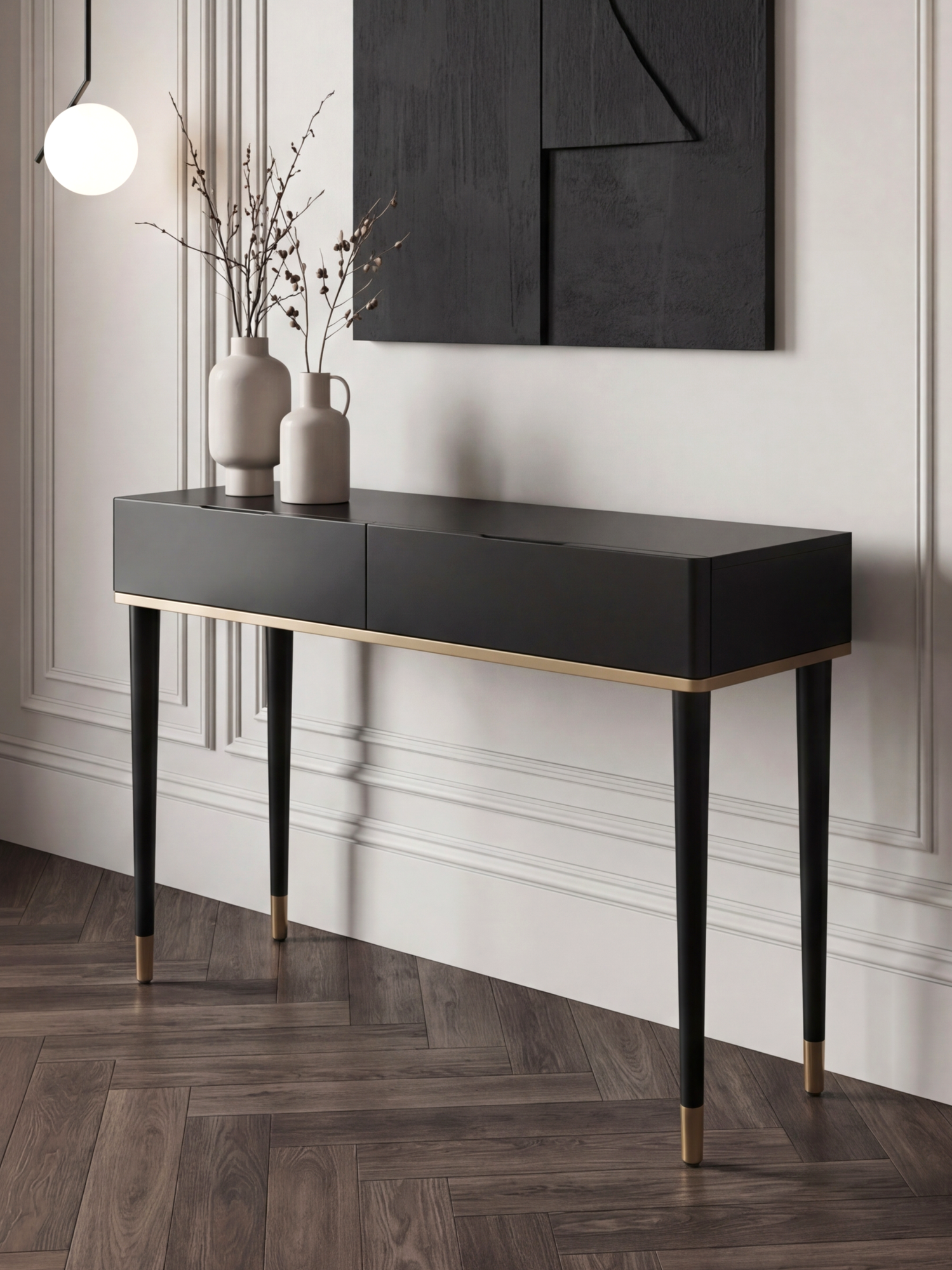 Туалетный столик консольный черный, эмаль мдф 100х36х79 см, консоль в прихожую узкая с ящиками, Бьянко