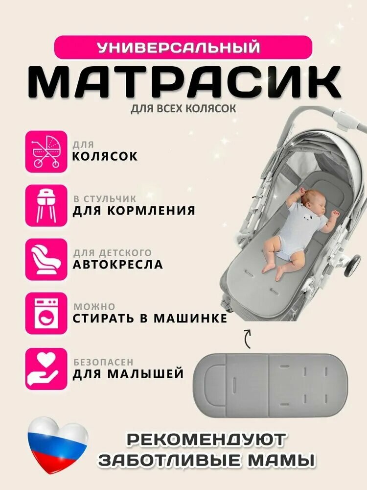Матрасик-вкладыш в коляску прогулочную, автокресло, люльку, стульчик для кормления, универсальный