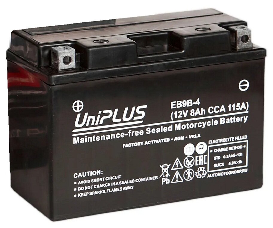 Аккумулятор для мото и гидротехники UniPLUS High Perfomance AGM 8 А/ч 115 А прям. пол. залит/заряжен EB9B-4 (150х70х105) YT9B-BS YT9B-4