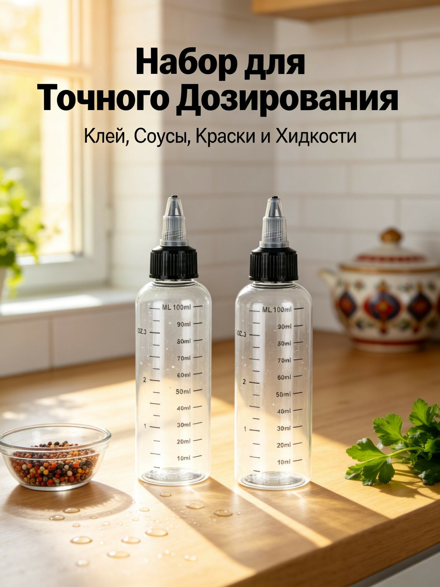 Набор из 2 бутылочек 100 мл, с дозатором и шкалой для точного дозирования клея, соусов, красок и других жидкостей, удобные и универсальные
