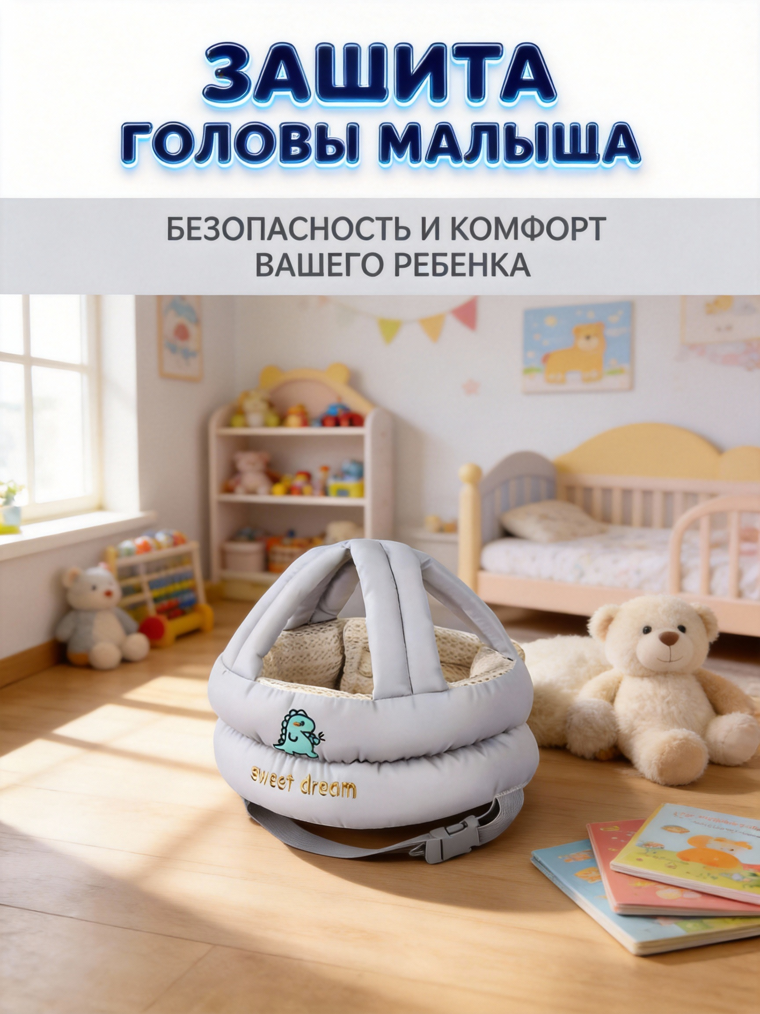 Противоударная шапка-шлем для малыша 6 месяцев–2 лет, защита головы при первых шагах и ползании с липучкой, лямками и мягкой поролоновой подушкой