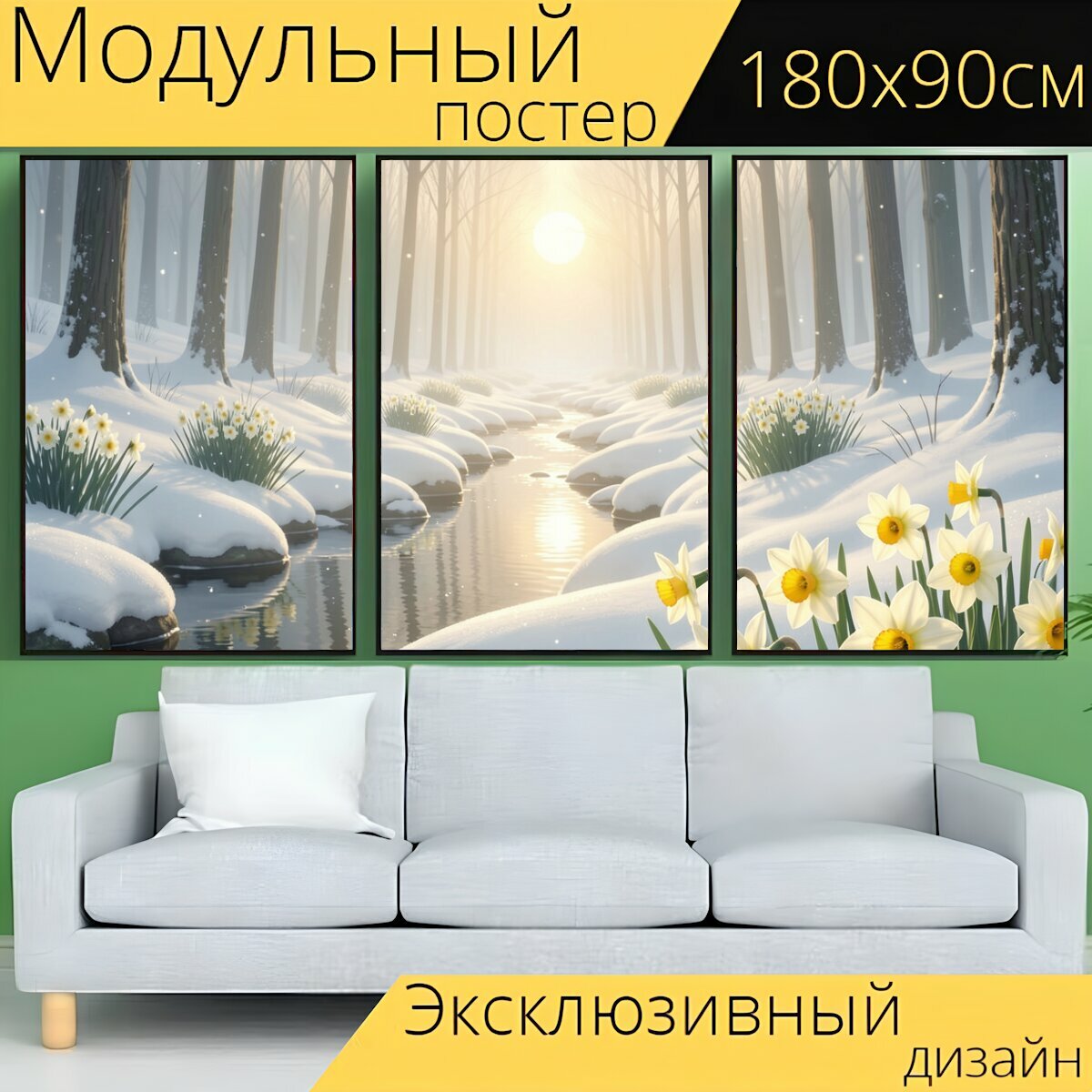 Модульный постер "Зимний лес с подснежниками. Сказочный морозный пейзаж: заснеженные деревья, узкий ручей и нежные жёлто-белые цветы." 180 x 90 см. для интерьера на стену в тубусе