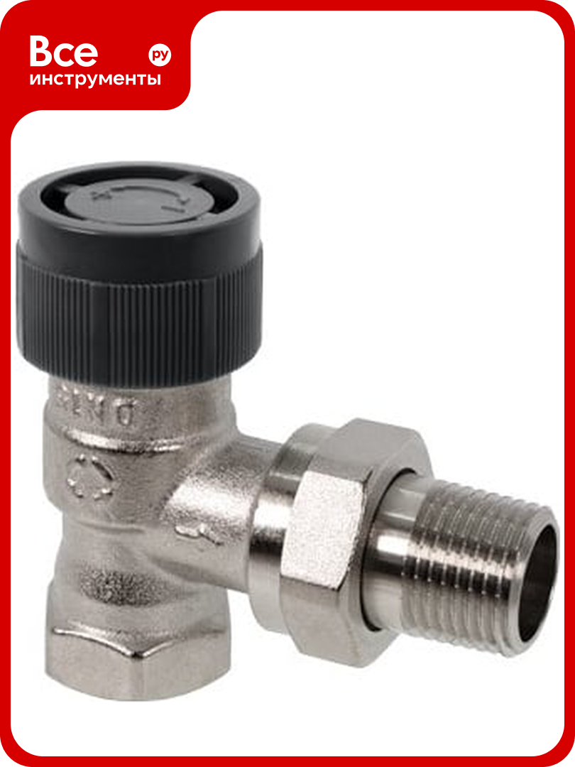 Вентиль AR термостатический угловой без преднастройки OVENTROP DN-15, 1/2, 1/2, ВН, латунь никелированная, НГ со штуцером, черный колпачок 118100004