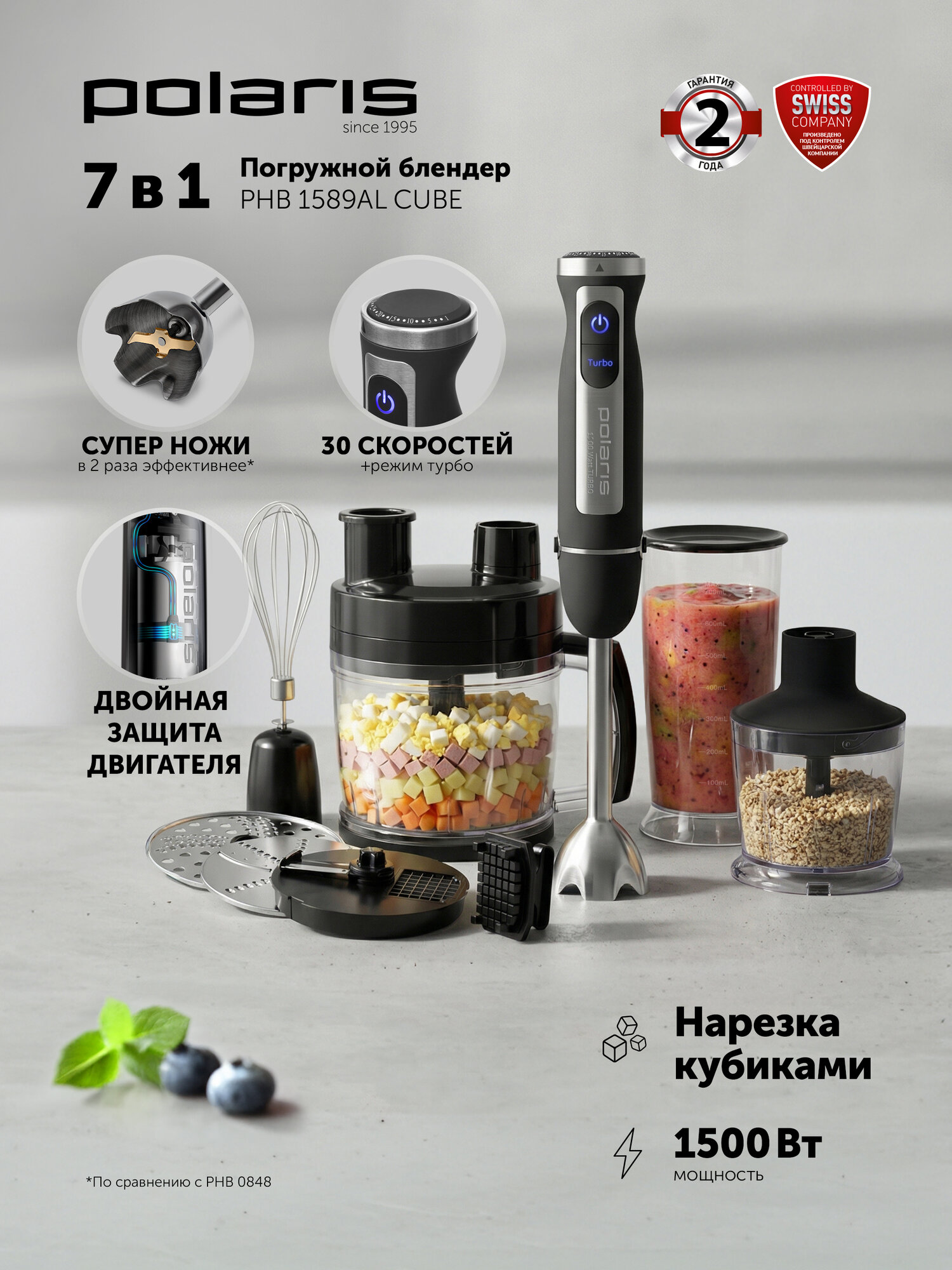 Погружной блендер Polaris PHB 1589AL CUBE ручной, черный/серебристый