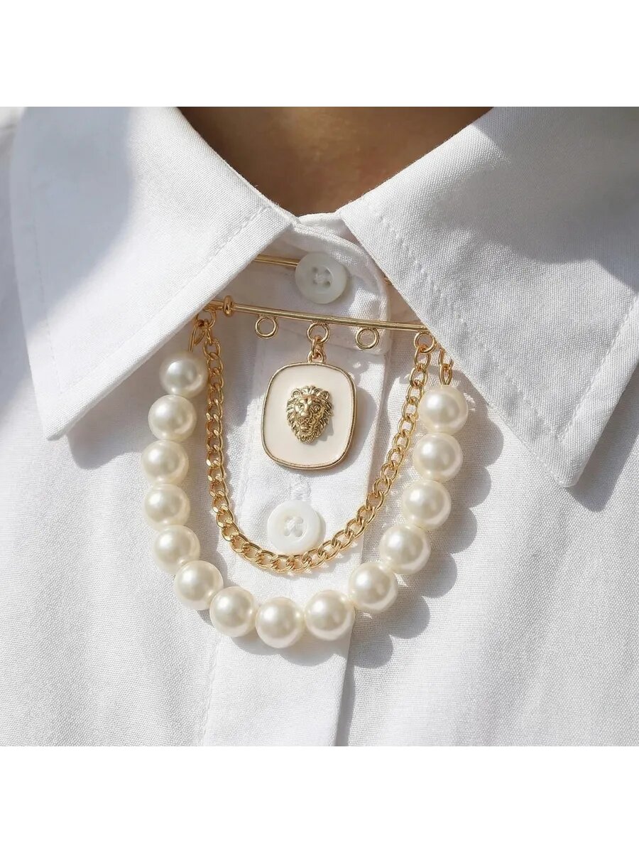 Брошь BLV Jewerly, эмаль, 1 шт., золотой, бежевый, белый — фото 1