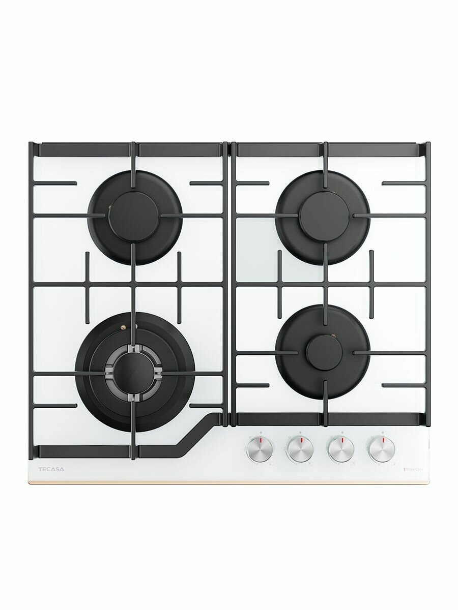TECASA Газовая варочная панель встраиваемая 4 конфорки, WOK-конфорка, белое стекло, чугунная решётка, автоподжиг, газ-контроль, 60 см, TGH61GCVW