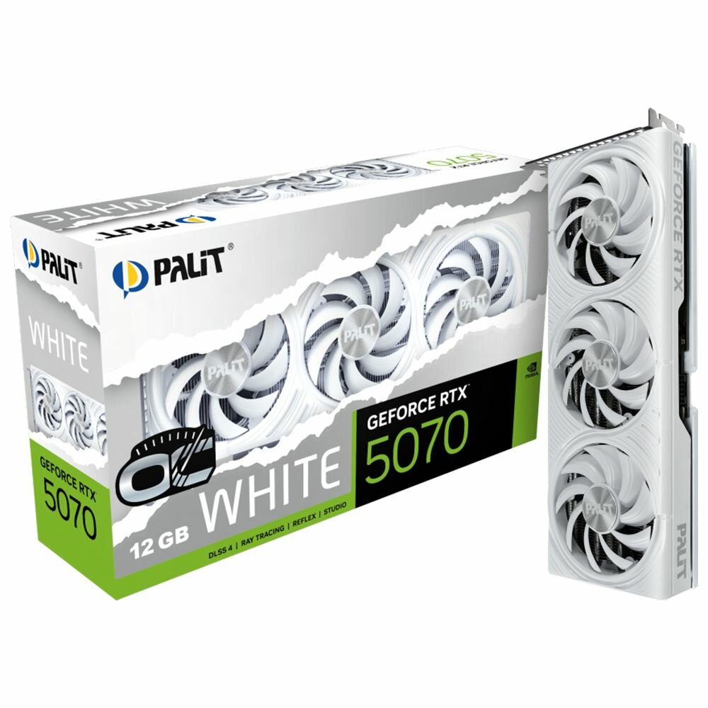 Palit Видеокарта Видеокарта Palit PCI-E 5.0 PA-RTX5070 WHITE OC NVIDIA GeForce RTX 5070 12Gb 192bit GDDR7 2325/28000 HDMIx1 DPx3 HDCP Ret 12 ГБ (NE75070U19K9-GB2050W), LHR