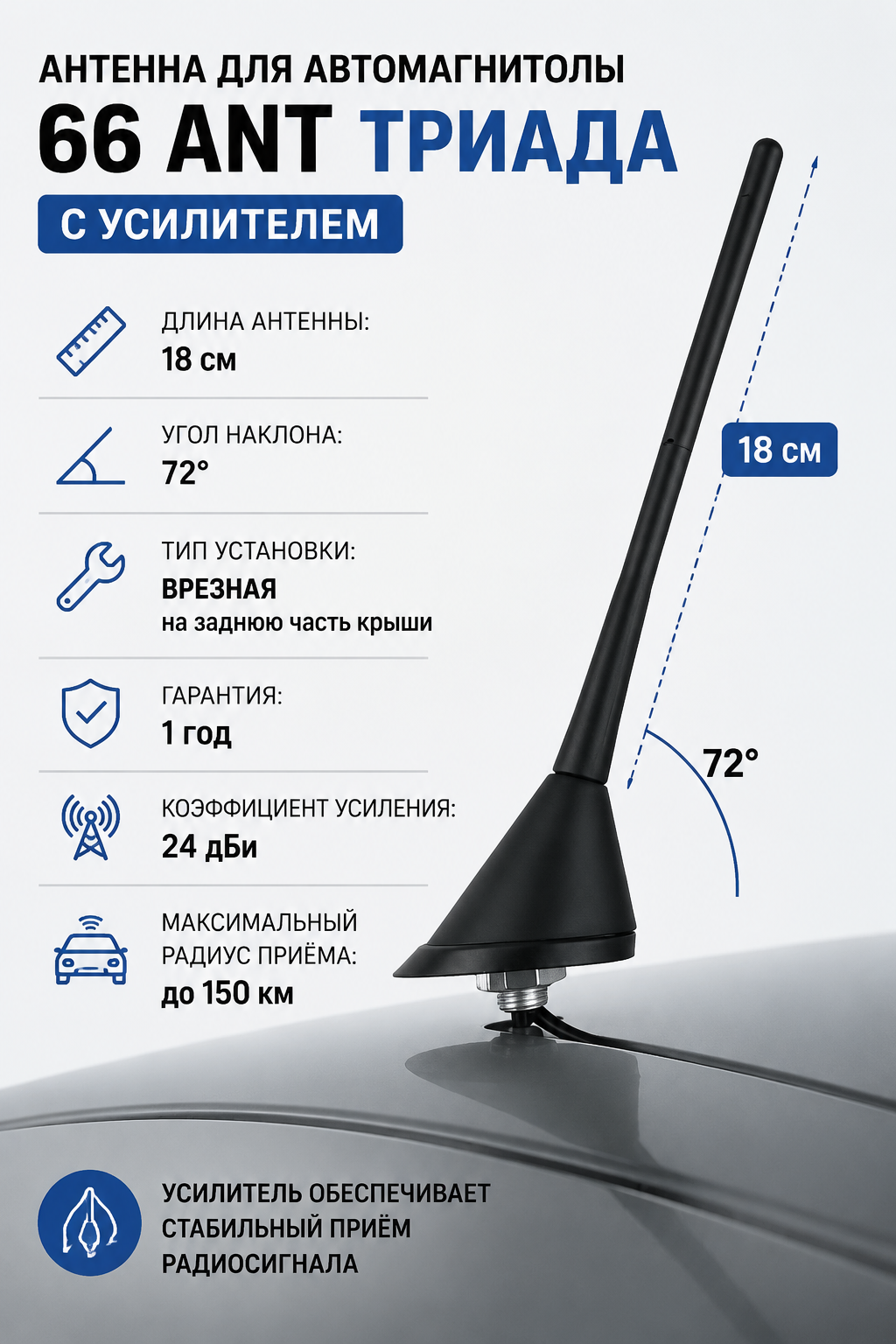Антенна для автомагнитолы 66 ANT Триада с усилителем, длина 18 сантиметров