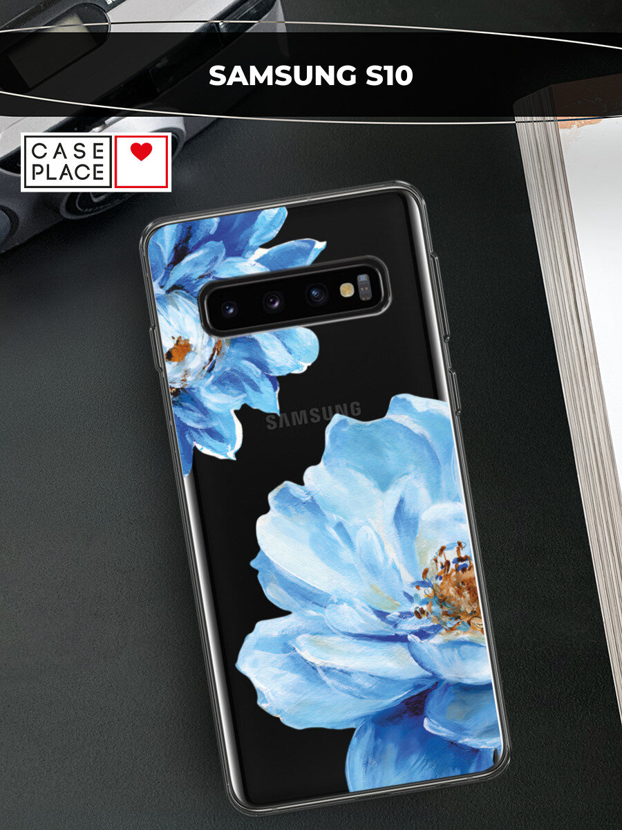 Чехол на Samsung Galaxy S10 / Самсунг Галакси S10 с принтом Голубые клематисы, прозрачный