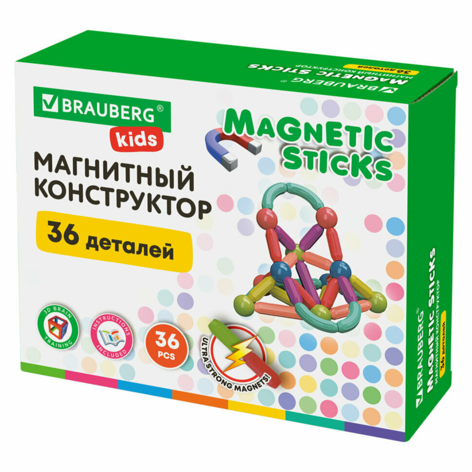 Магнитный конструктор MAGNETIC STICKS, 36 магнитных деталей, BRAUBERG KIDS, 665721, 665721