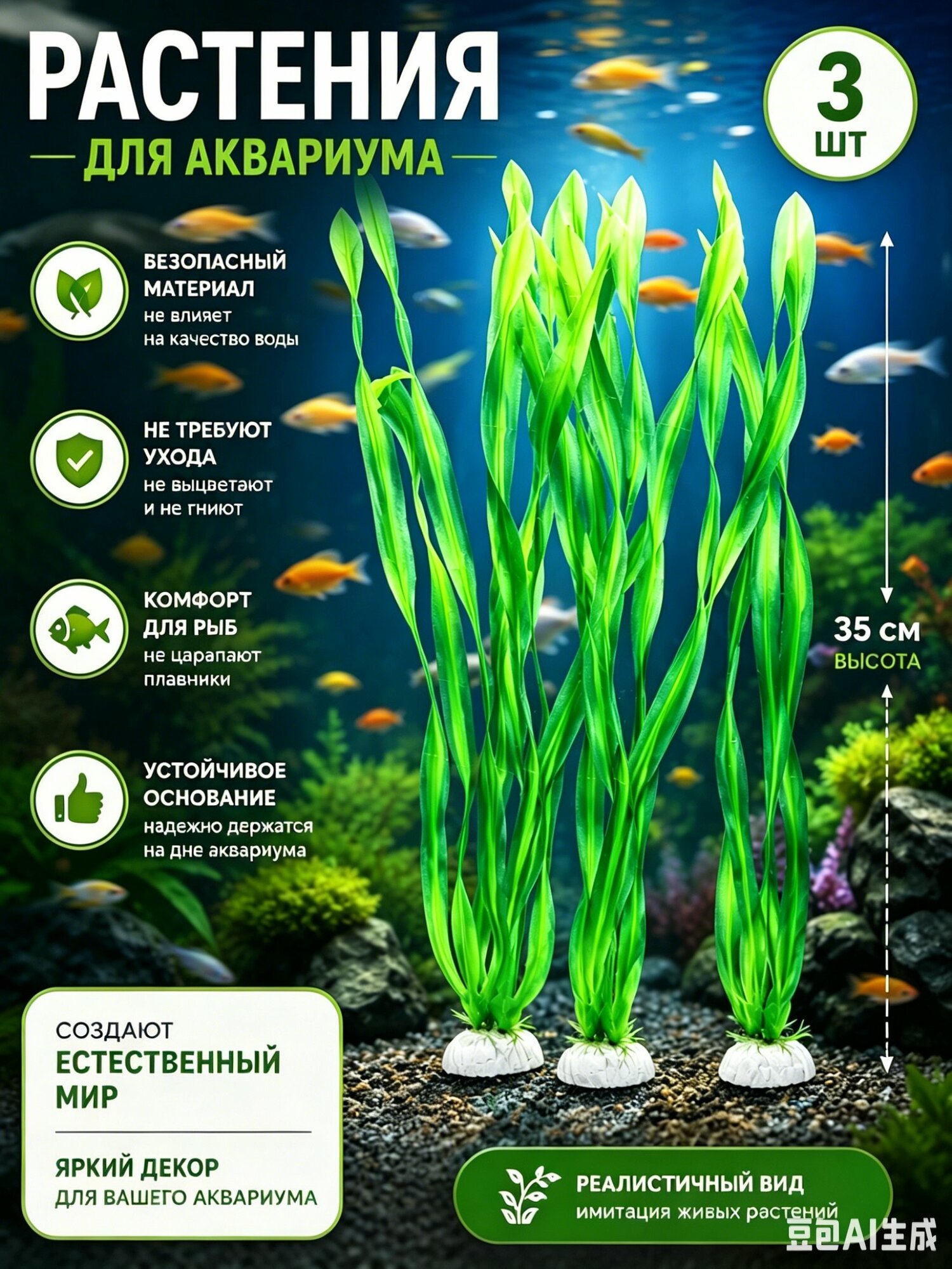 Водоросли для аквариума искусственные , 3 шт.