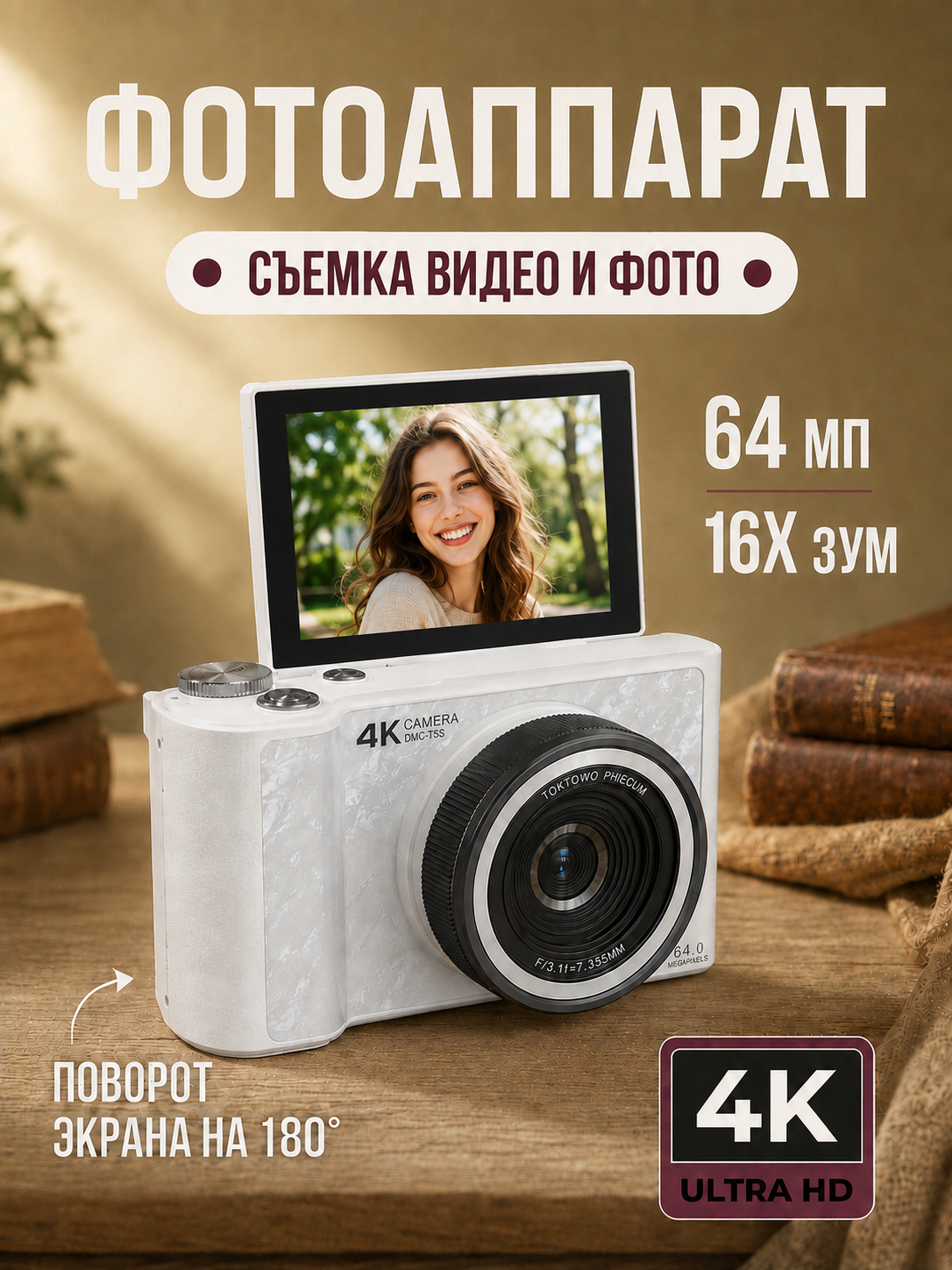 Портативный фотоаппарат W & O, 64МП, 3", USB, 4K видео, встроенный аккумулятор