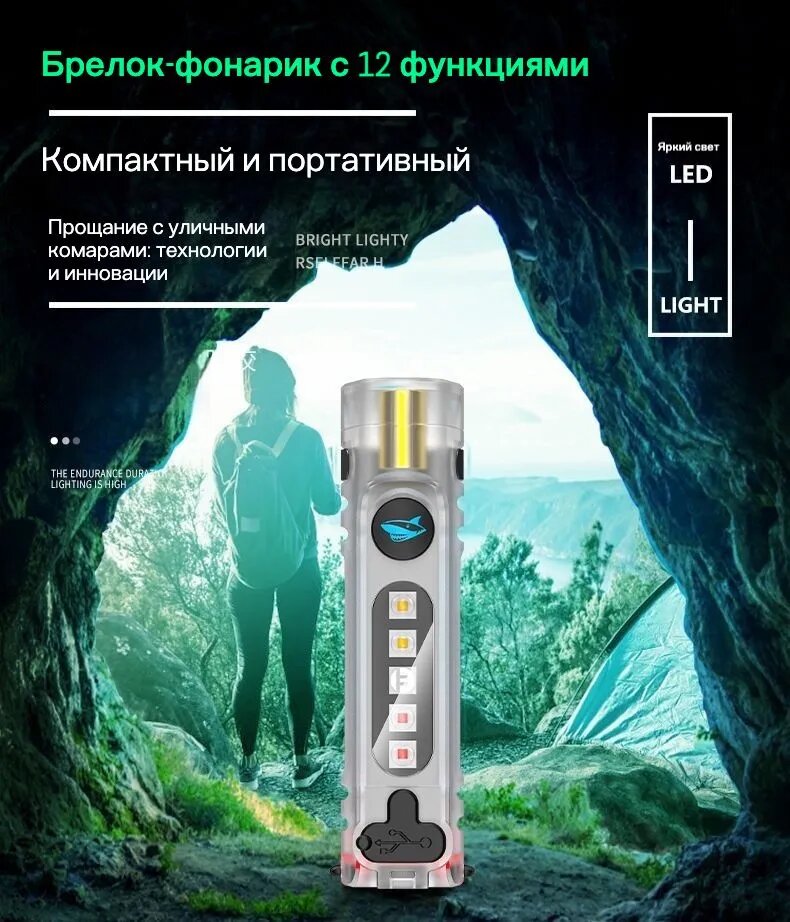 Фонарь-брелок Вездеход Портативный рабочий светильник, Хаки, Прозрачный, USB-зарядка, Инфракрасный, Ультрафиолетовый, Теплый белый — фото 1