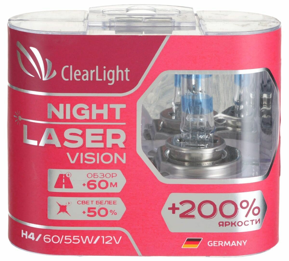 Лампа H4 12V 60/55W P43t Night Laser Vision +200% Light , 2 шт / Clearlight / MLH4NLV200