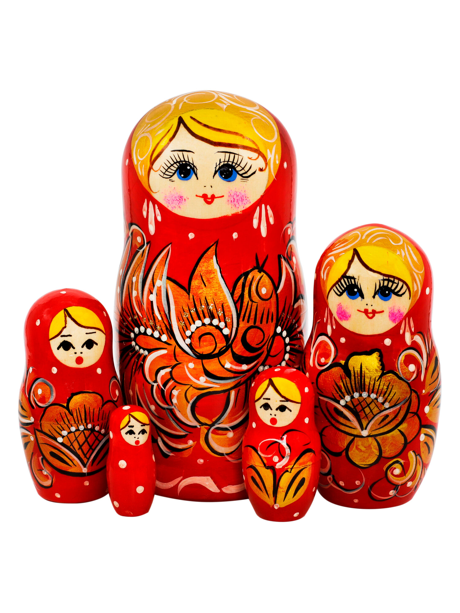 Матрешка Птица счастья на красном, 5 мест, 14см, ручная роспись