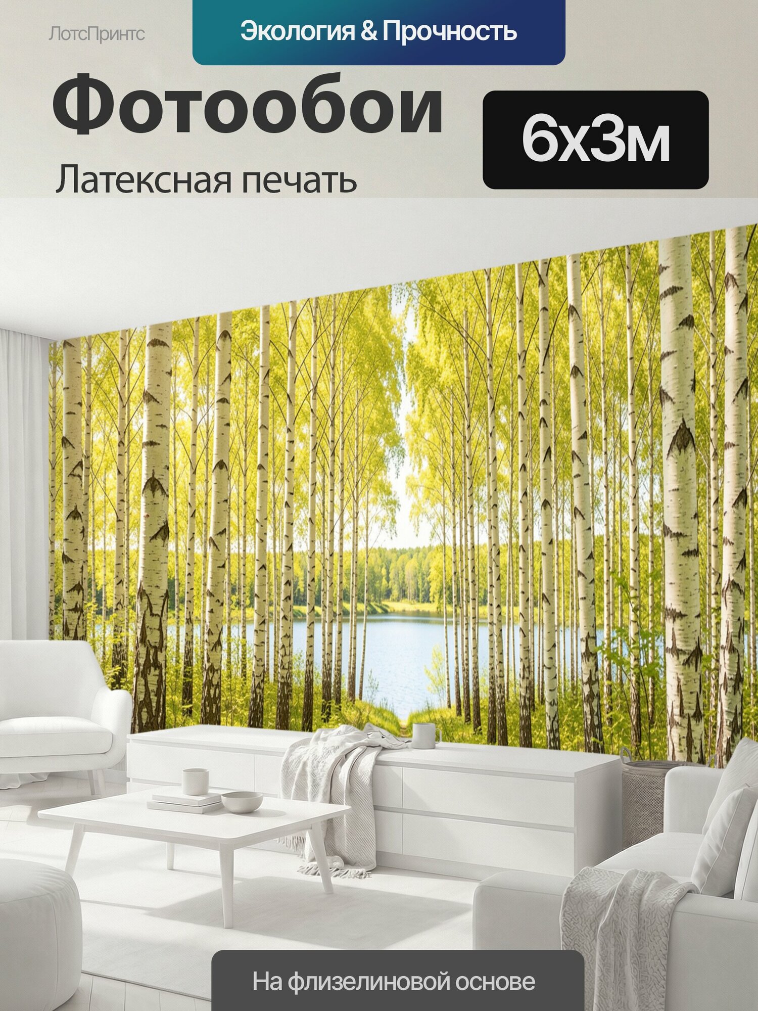Фотообои моющиеся ударопрочные "Берёзовая роща у озера. Солнечный лесной пейзаж с высокими белоствольными деревьями, зелёной травой и тропинкой к." 600x300 см. латексная печать