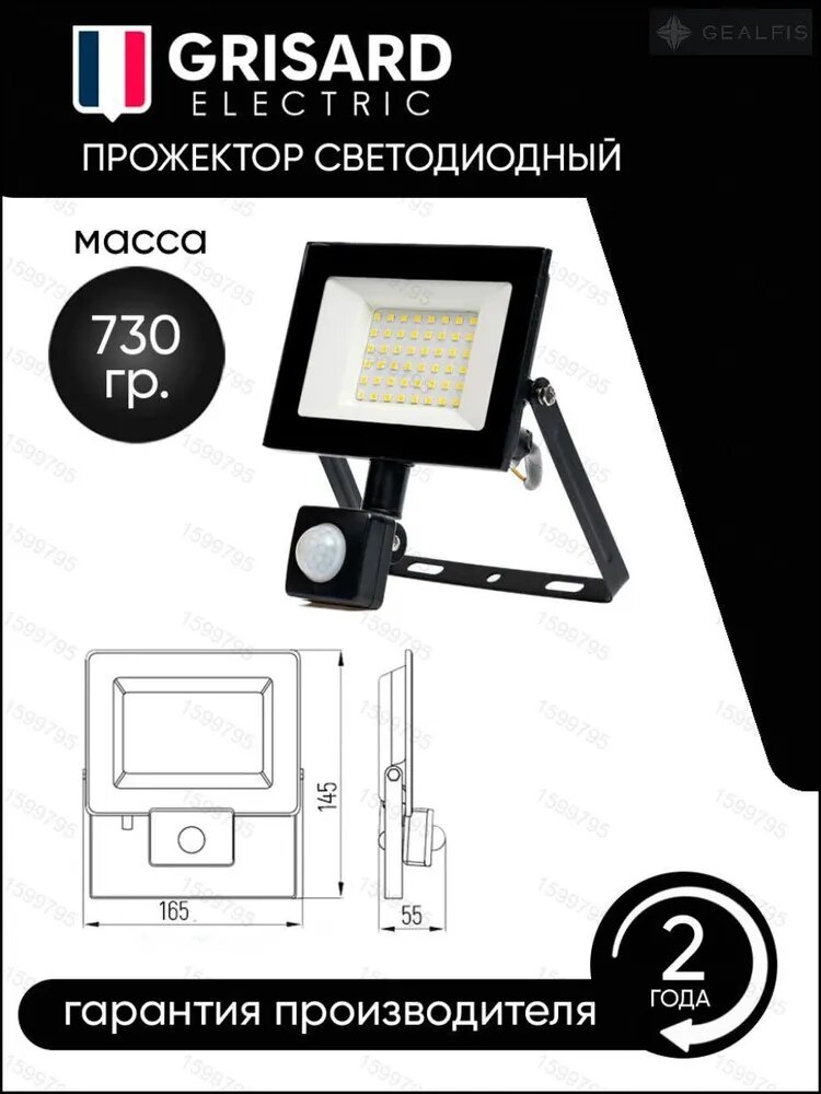 GRISARD 50Вт светодиодный уличный прожектор с датчиком движения, холодный белый, 6500K