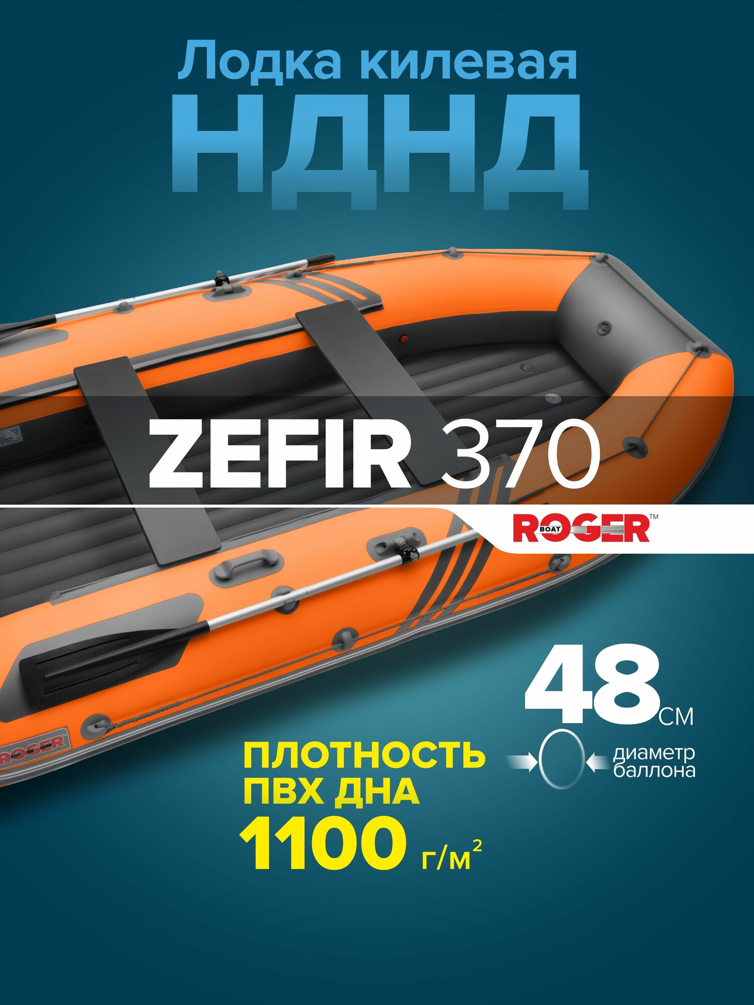 Лодка ПВХ под мотор ROGER Zefir 370, надувная для рыбалки роджер НДНД килевая (оранжевый-графит)