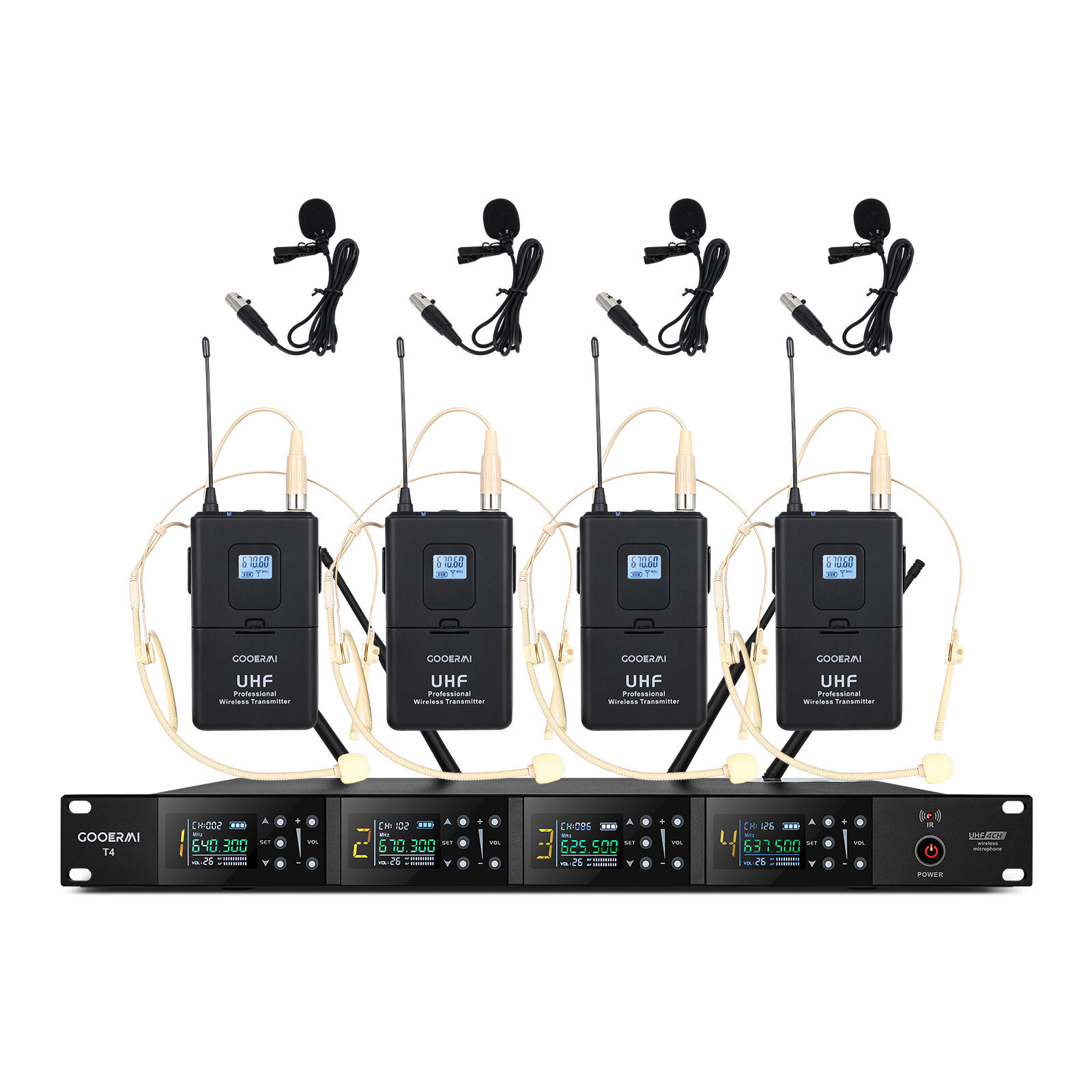 Беспроводная система микрофонов T4, 4 поясных передатчика, UHF, анти-помехи, для конференций и караоке