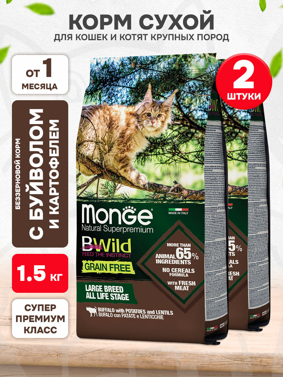 Корм сухой Monge Bwild Grain Free Cat Large Breed Buffalo беззерновой для кошек и котят крупных пород, буйвол, картофель, 1,5 кг 2 шт