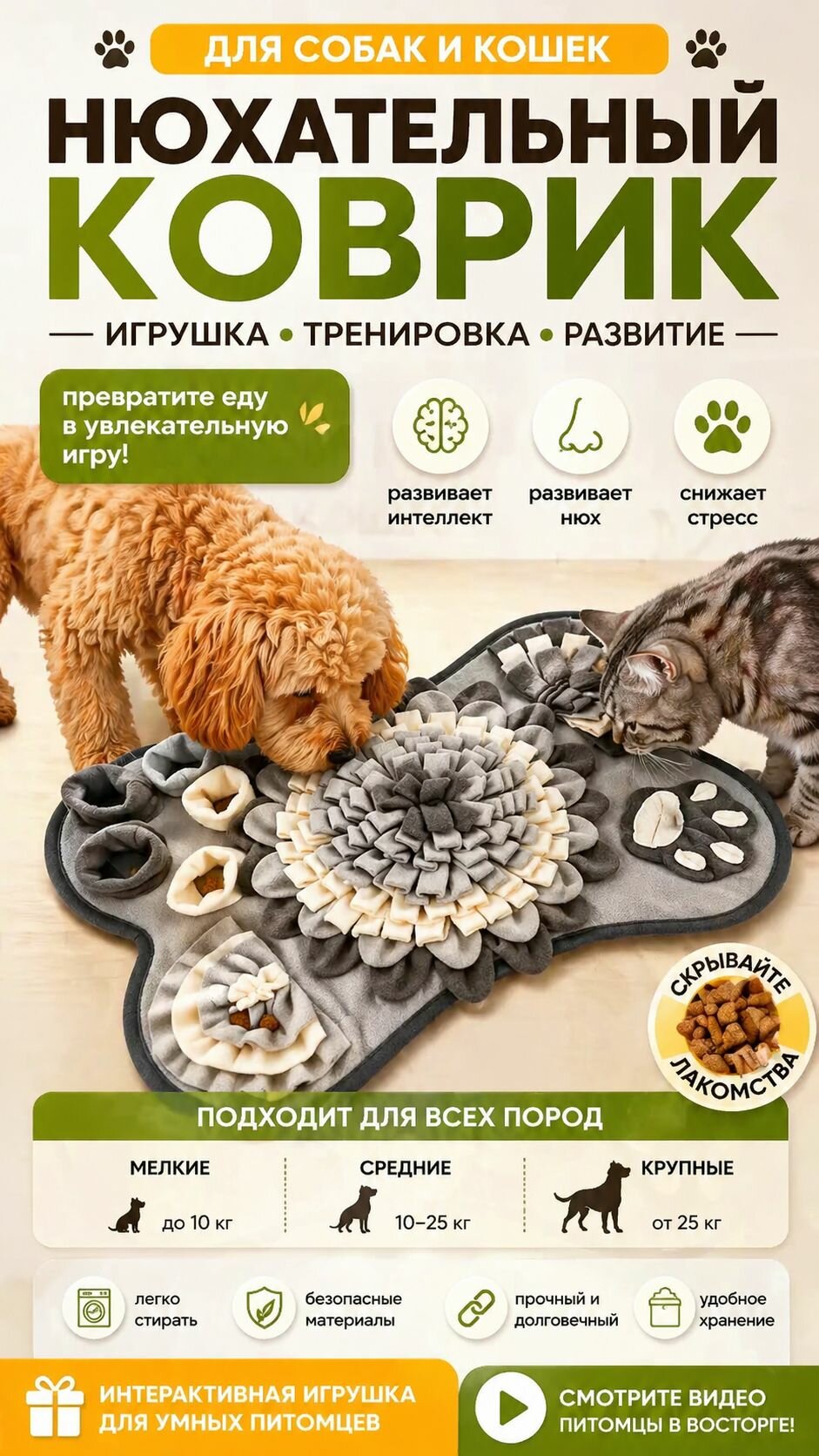 Нюхательный коврик для собак, интерактивная игра для поиска лакомств и медленного кормления, антистресс и тренировка нюха для мелких и средних пород