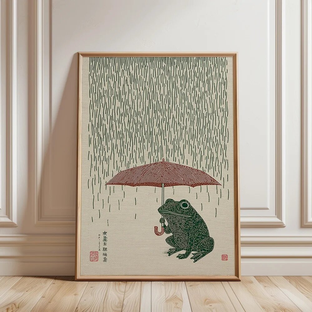 Постер лягушка под зонтом, японский стиль, 20x30см, XZ056-3
