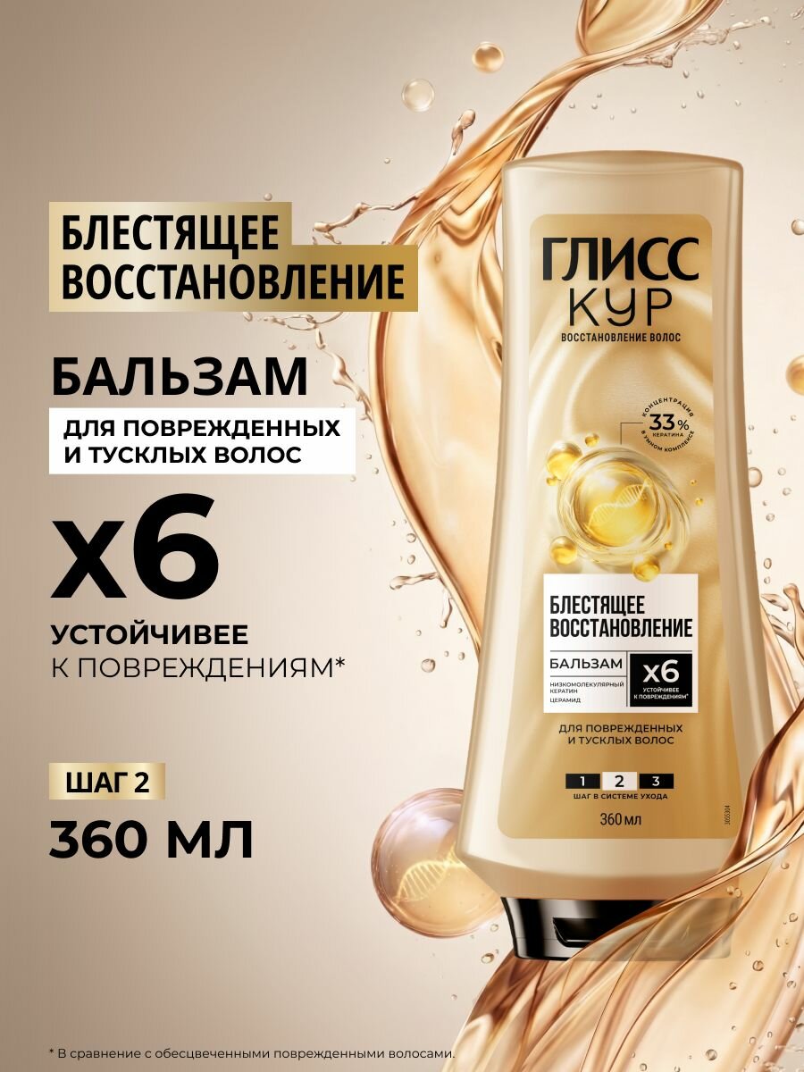 Бальзам кондиционер для волос женский Глисс Кур Блестящее восстановление, для поврежденных и тусклых волос, с кератином, 360 мл