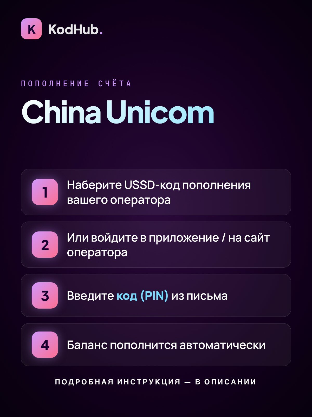Пополнение China Unicom Китай 100 юаней (CNY) | мобильная связь | Цифровой код — фото 1