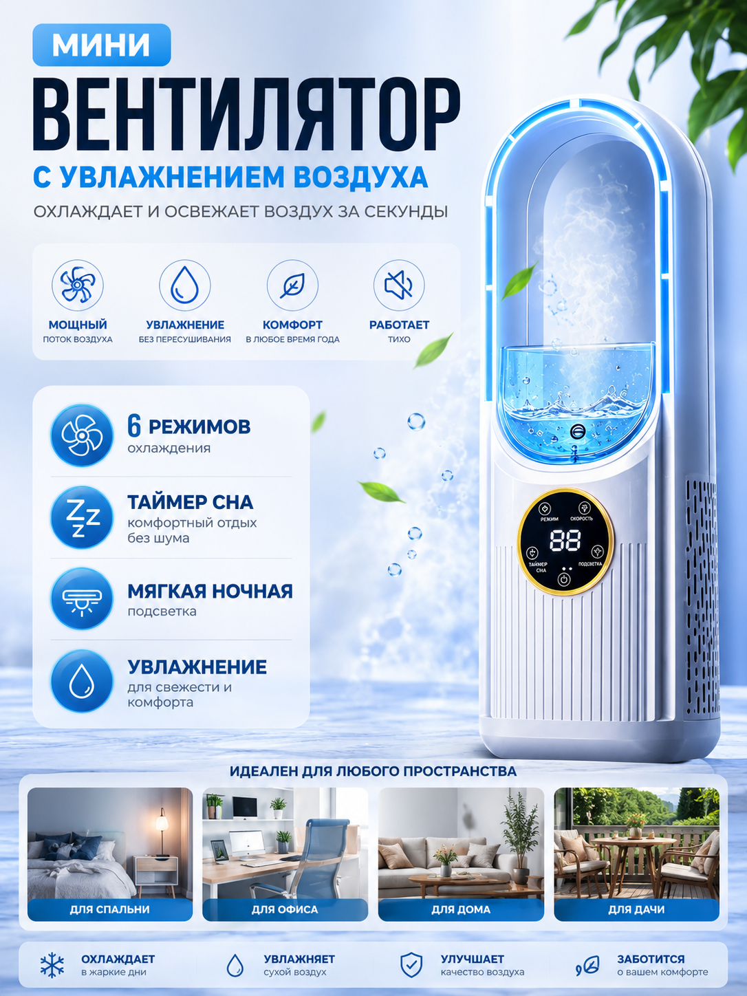 Вентилятор настольный с увлажнителем, 6 режимов работы, таймер, LED-подсветка
