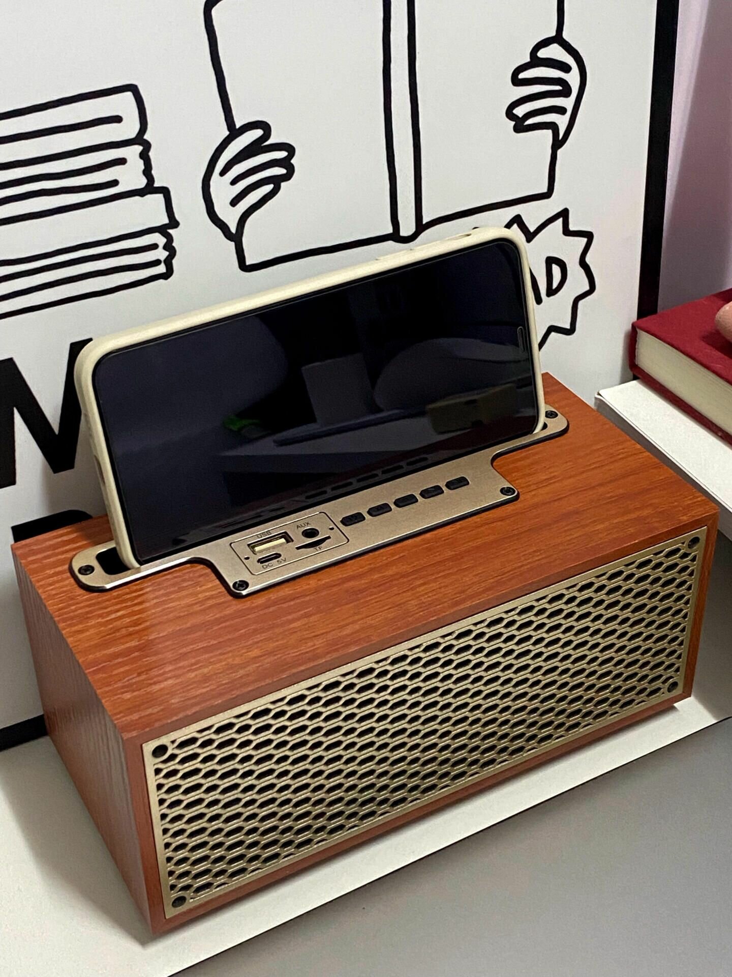Деревянная Bluetooth-колонка 5.0 с FM-радио, ретро-портативная акустика с подставкой для телефона, 1200 мАч