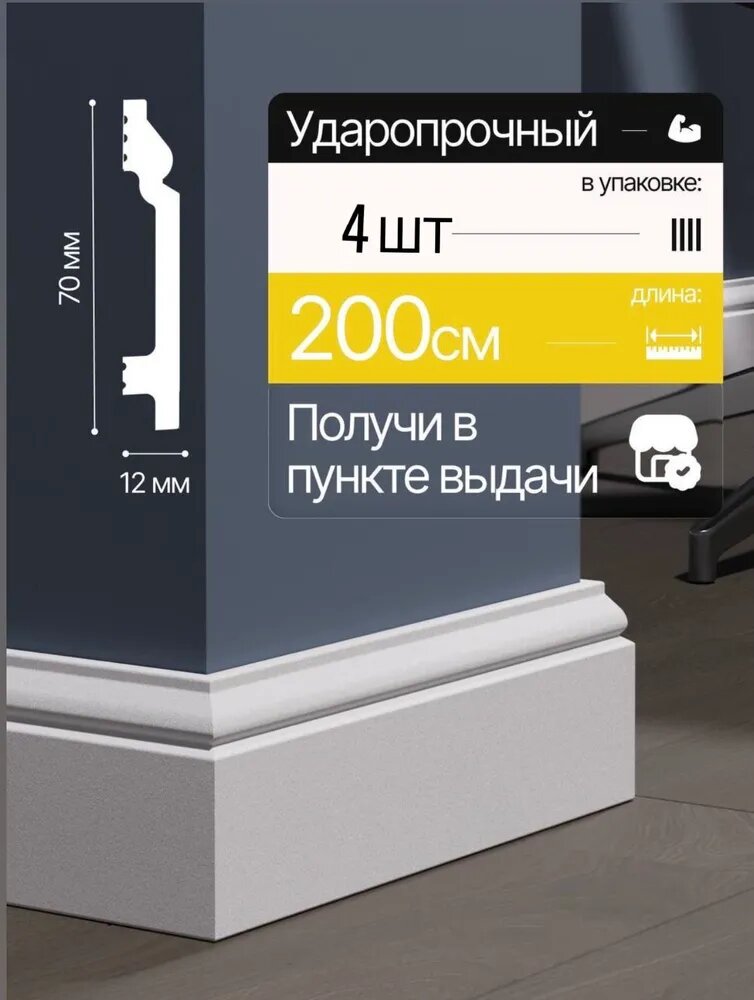 Плинтус напольный GPD2- 4 шт 2 метра GLANZEPOL дюрополимер, загрунтован, ударопрочный