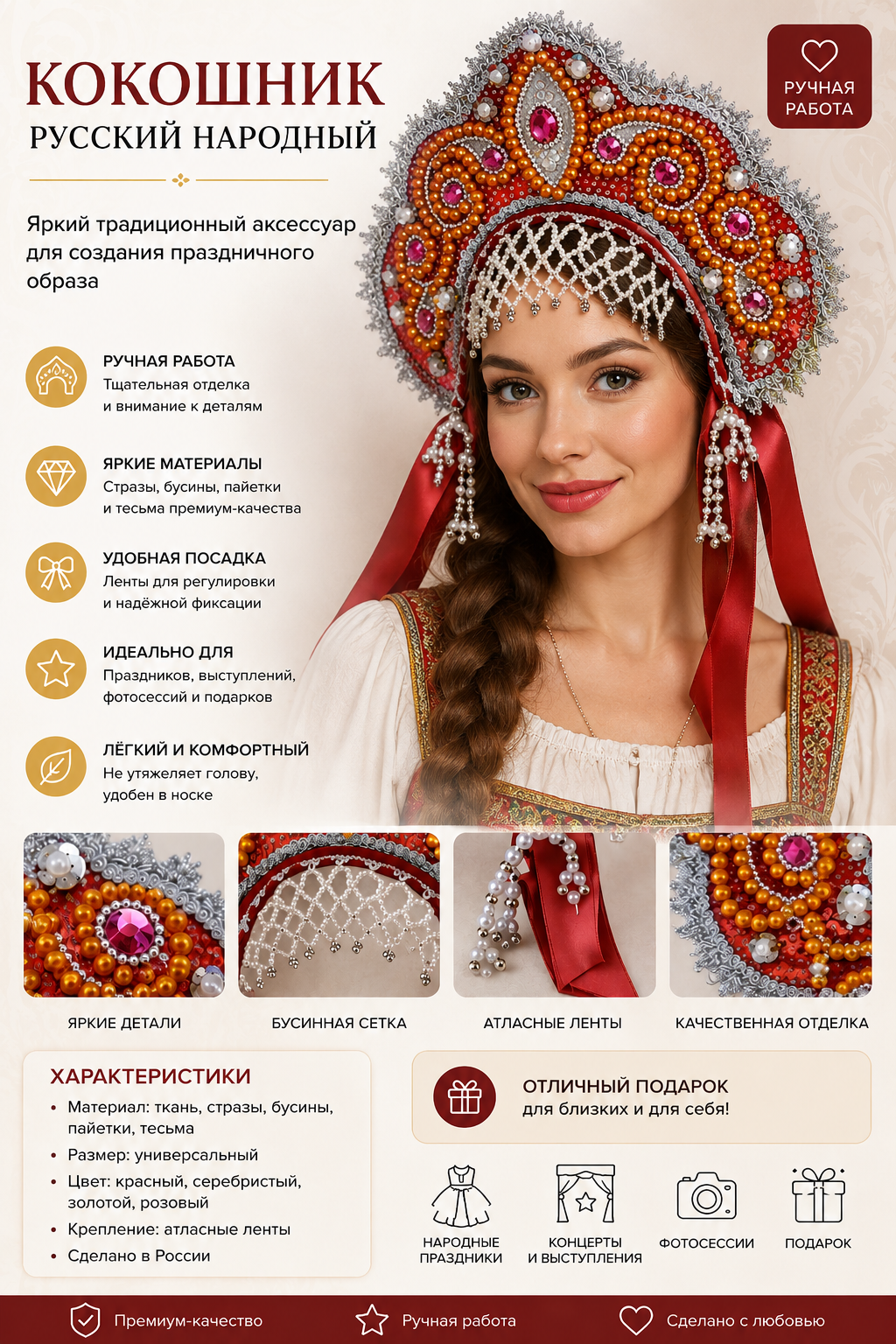 Кокошник оранжево-красный с бусинами ручная работа