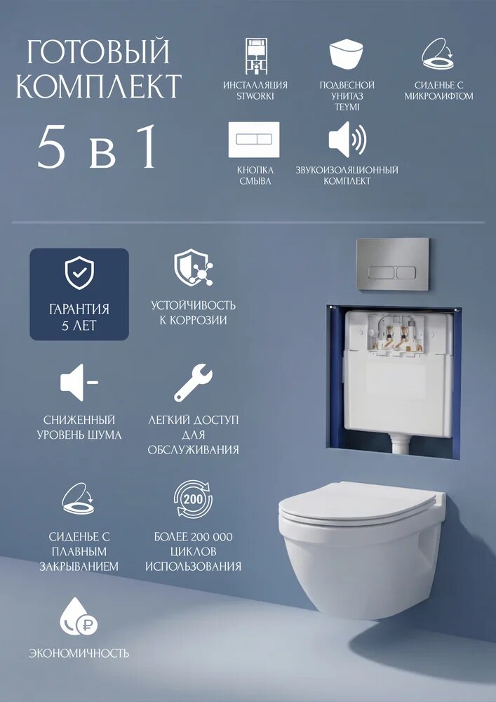 Комплект 5 в 1 Унитаз подвесной Teymi Vitra Pro T40806 / Инсталляция с кнопкой STWORKI Кронборг S28500CR / Крышка-сиденье, Комплект шумоизоляции
