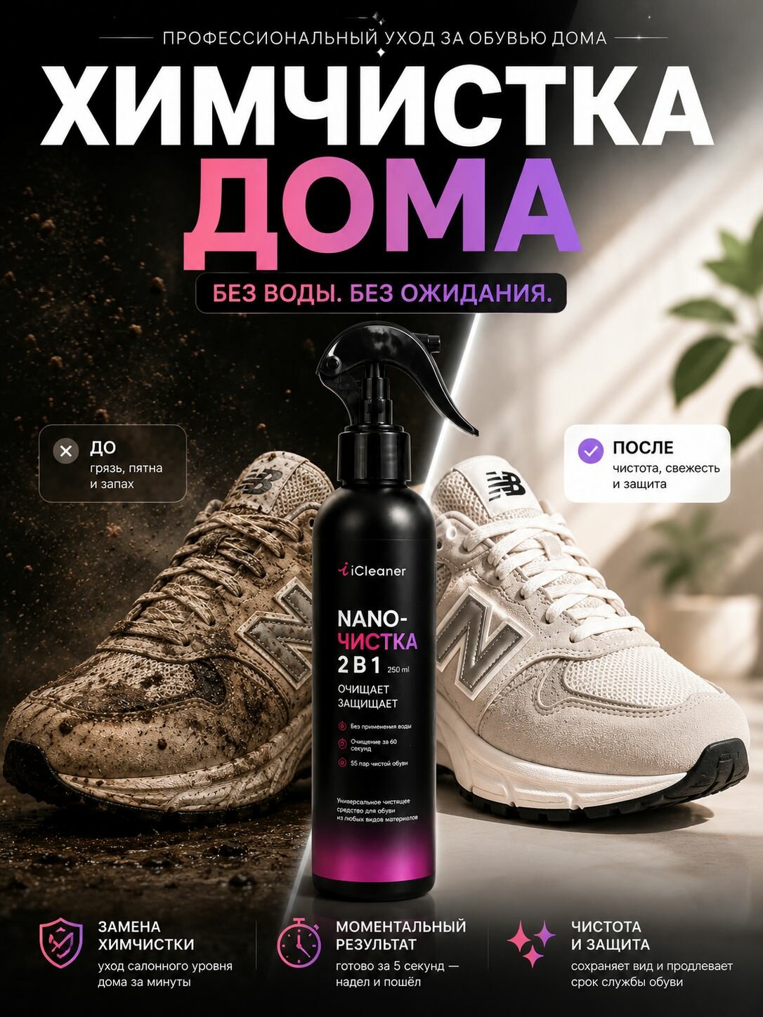 ICleaner Nano-чистка 2в1 спрей-очиститель для обуви 250мл Замша нубук кожа текстиль