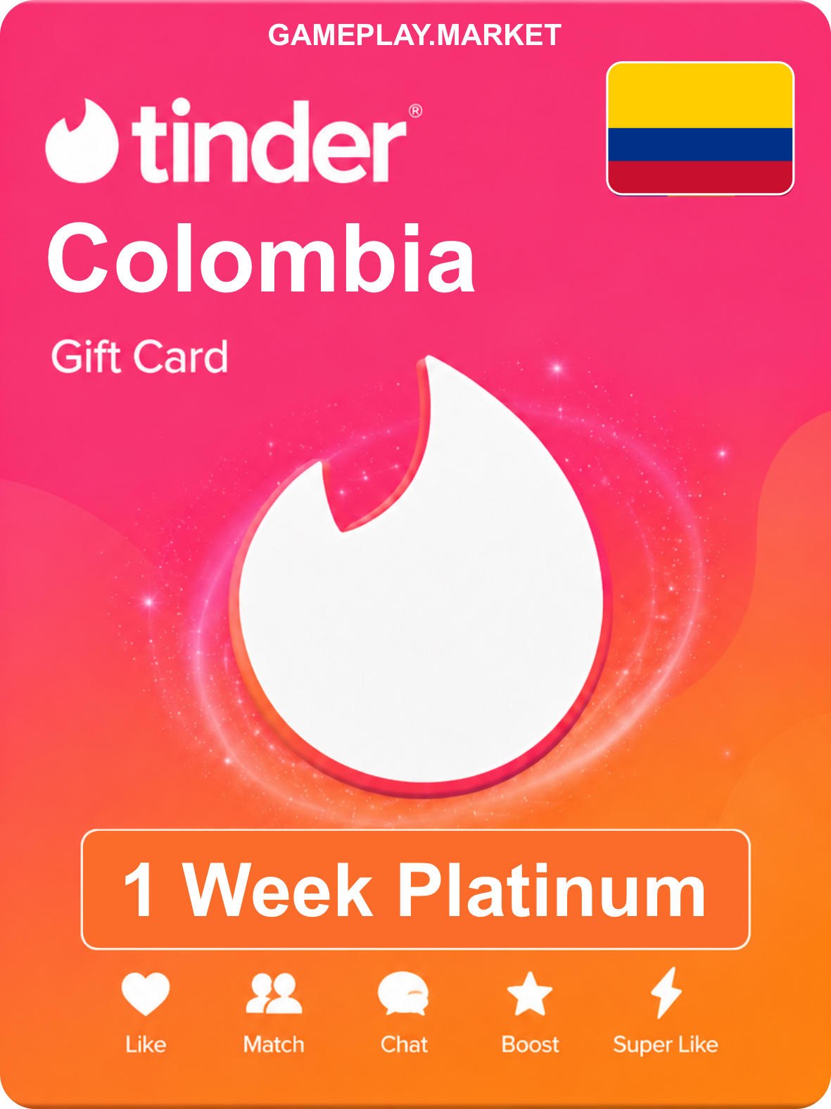 Подарочная карта Tinder Platinum 1 неделя подписки / Для аккаунта Колумбии / Оригинальный цифровой код